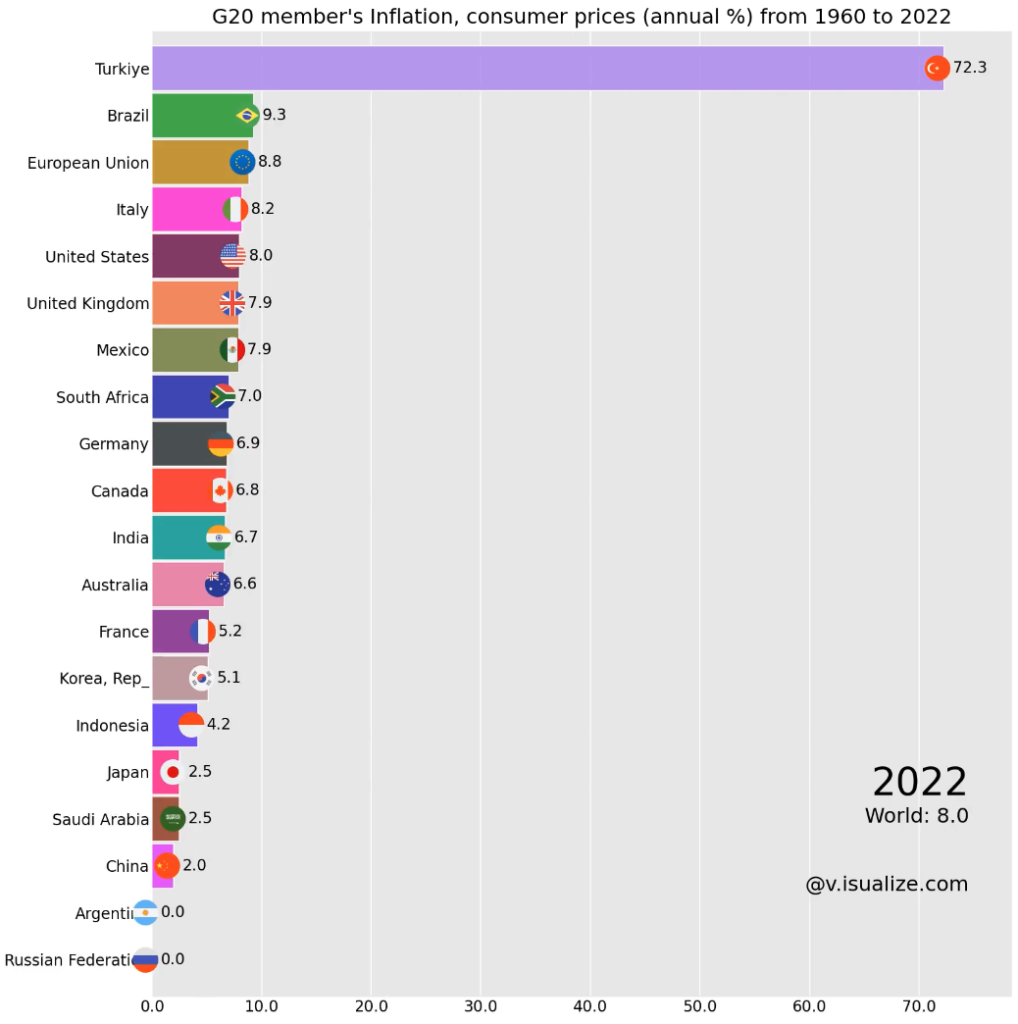 Bar chart race of G20 member's Inflation, consumer prices (annual ...
